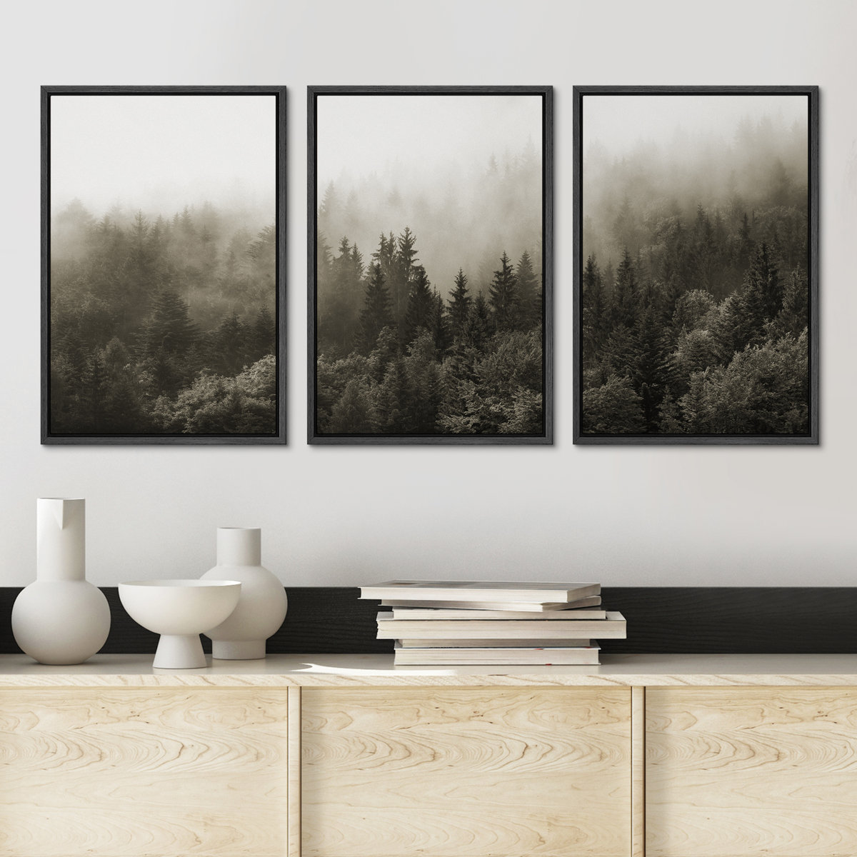 IDEA4WALL Framed Canvas Print Wall Art Woodland Nursery Decor Set Fog & Mist Over Blue Pine Tree ...